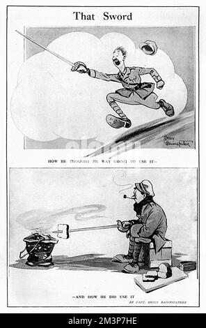 A cartoon by Bruce Bairnsfather in which the imagined and actual usages ...