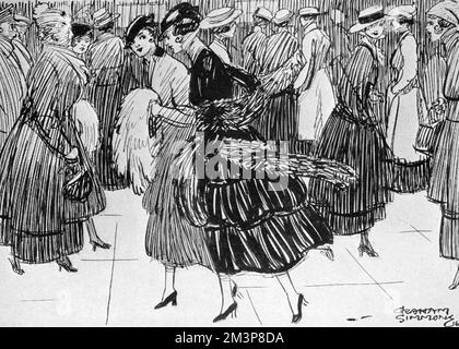 Cartoon depicting two fashionably dressed ladies chatting about what ...