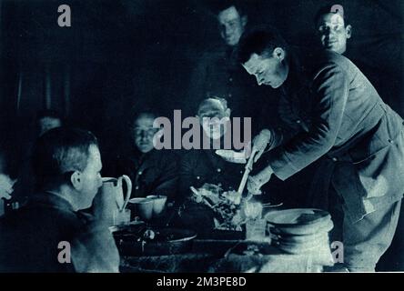 Dinner table in officer's mess aboard the 18th century mano' war ...