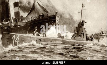 WW1 German Imperial Navy Submarines U 52 and U 35 meet on the surface ...