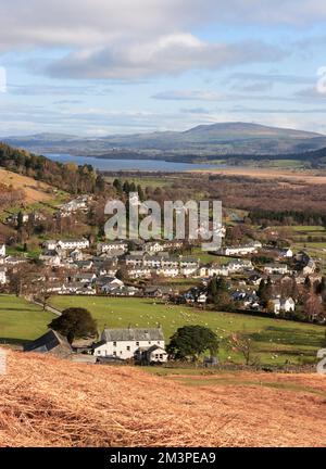 The lake district village of Braithwaite seen from above with ...
