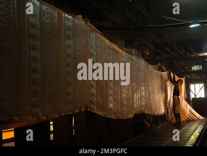 Indian worker drying textiles after manual Screen Printing, Rajasthan ...