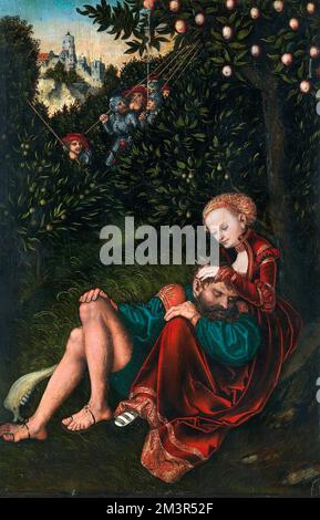 This 1528 painting by Lucas Cranach the Elder depicts a young woman holding grapes and apples ...