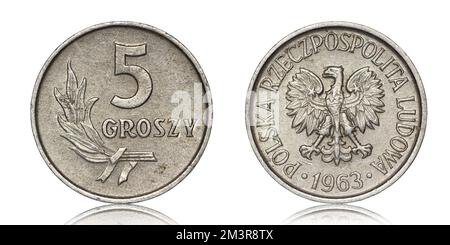 Polish five groszy coin from 1963 on a white background Stock Photo - Alamy