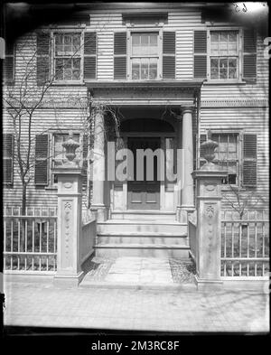 Salem, 142 Federal Street, exterior detail, gate posts and doorway ...