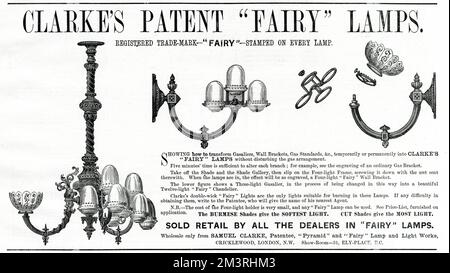 Advert for Clarke's Patent 'Fairy' lamps & lights 1888 Stock Photo - Alamy