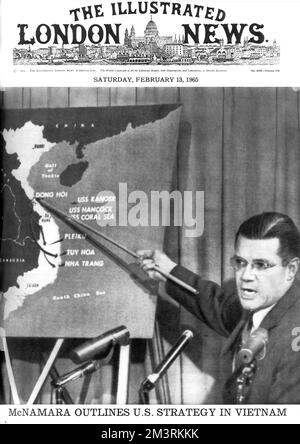 U.S. Secretary of Defense Robert McNamara bends to pick up a captured ...