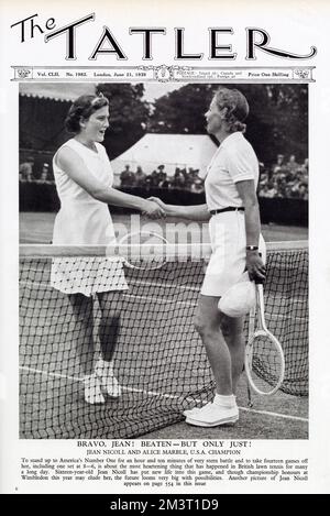 American tennis player Alice Marble, left, shakes hands with Kay ...