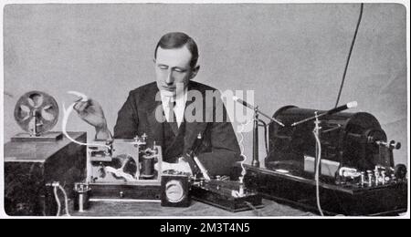 Marconi with his wireless telegraph apparatus. Date: circa 1896 Stock ...