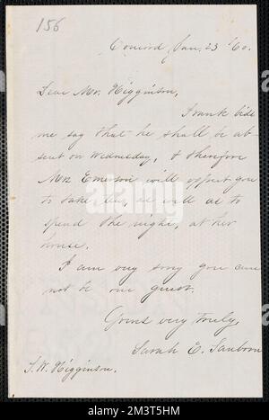 Franklin Benjamin Sanborn autograph note signed to Thomas Wentworth ...