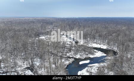 River delta floodplain winter snow meander drone aerial inland video ...