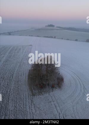 Wittenham Clumps Autumn snow aerial photography. Winter landscape ...