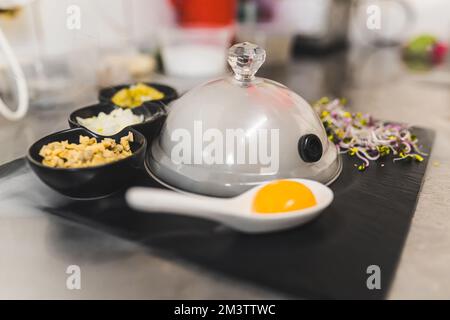 Molecular gastronomy. Beef tartar served with smoke with other ...
