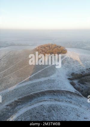 Wittenham Clumps Autumn snow aerial photography. Winter landscape ...