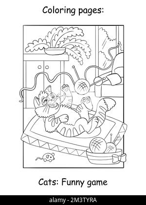 Cute dreaming cat playing with a ball of thread. Coloring book page for ...