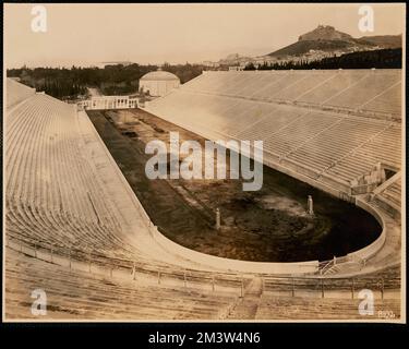 A photograph of the marble seating of the Panathenaic Stadium in Athens ...