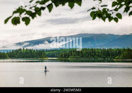One standup paddleboarder; Boya Lake; Ta Ch'ila Provincial Park ...