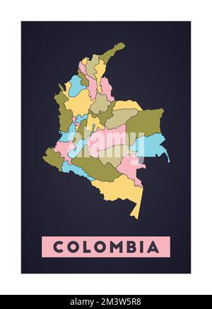 Colombia map. Country poster with regions. Old grunge texture. Shape of ...