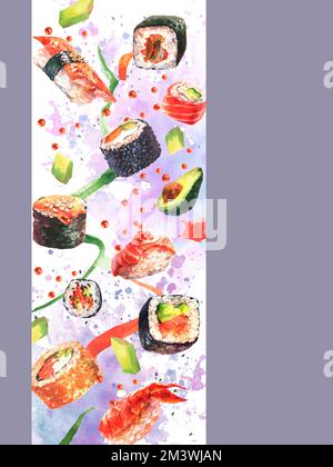 Seafood watercolor illustration, vertical banner on white background ...