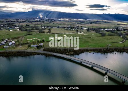 An aerial view of a bridge between Cathlamet Washington and surge for ...