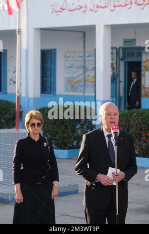 Tunisian President Kais Saied (R) and his wife Ichraf Chebil Saïed ...
