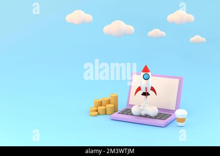 A 3D illustration of a rocket launch with coins - business start-up ...