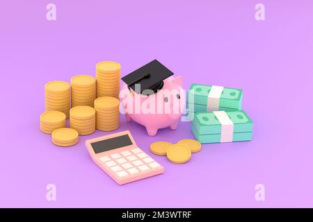 3D. Piggy bank with graduation cap collecting funds for education Stock ...
