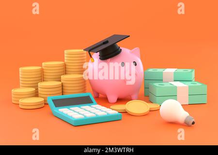 3D. Piggy bank with graduation cap collecting funds for education Stock ...
