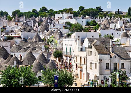 Aerial view of Alberobello, city of Trulli in Itria Valley, Puglia. Traditional Apulian dry ...