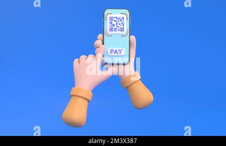 3D. QR code scanning icon in smartphone. hand holding Mobile phone, barcode scanner for pay ...