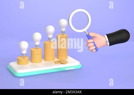 3D. Coins, light bulbs on a mobile phone concept of financial ...