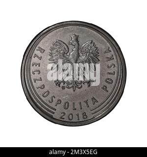 Polish coin with a face value of 1 from 2018 on a white background ...