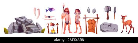 Cartoon ancient cavemen in stone age with mammoth and sabertooth Stock ...