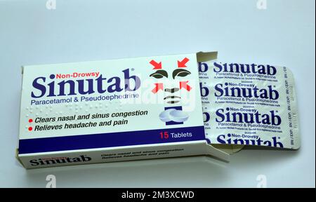 Exterior of box of Sinutab tablets: contains paracetamol and ...