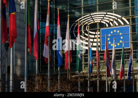 The european parliament facade and its stylised hemicycle logo with the ...