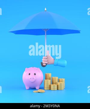3D. Cartoon hand holding blue umbrella to protect piggy bank and money ...