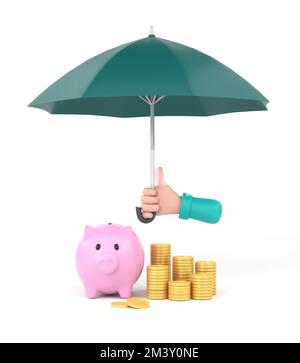 3D. Cartoon hand holding green umbrella to protect piggy bank and money ...