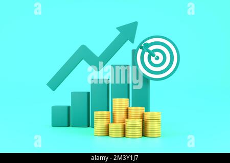 3D. Green rising arrow, profit bar graph and shield with multiple ...