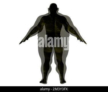3D render. Athletic man inside an obese body on a white background ...