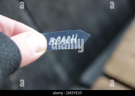 Beach idea. A hand holds a pointer with the inscription beach on a ...