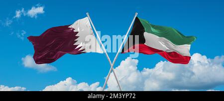 Kuwait and Qatar flag waving together in the wind on blue sky, two ...