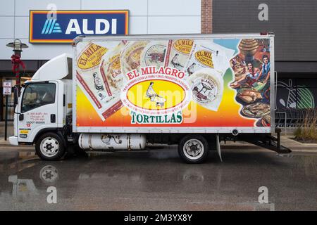 Aldi supermarket food delivery lorry and Krone trailer with colourful ...