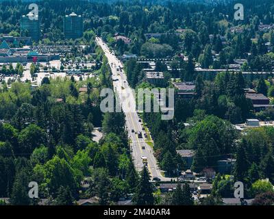 A drone shot of Coquitlam cityscape with Port Mann Bridge, river and ...