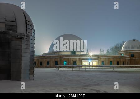 Silesian Planetarium during the blue hour. Beautiful winter scenery ...