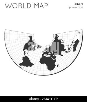 World map with graticule lines. Albers equal-area conic projection ...
