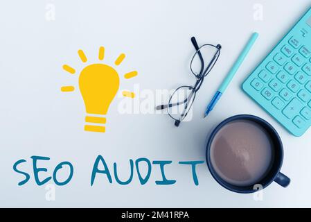 Writing displaying text Seo Audit. Internet Concept Search Engine Optimization validating and ...