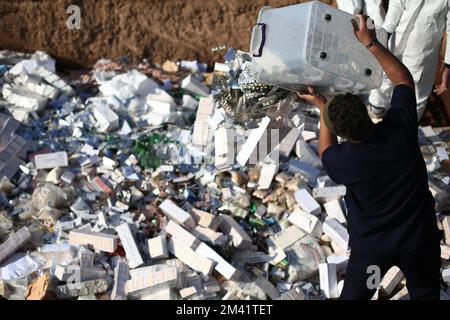 Baghdad, Iraq. 18th Dec, 2022. Containers of narcotic pills are seen at ...