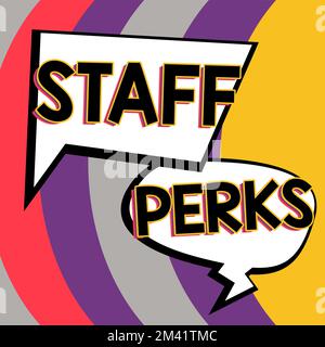 Text caption presenting Staff Perks. Business approach Workers Benefits ...