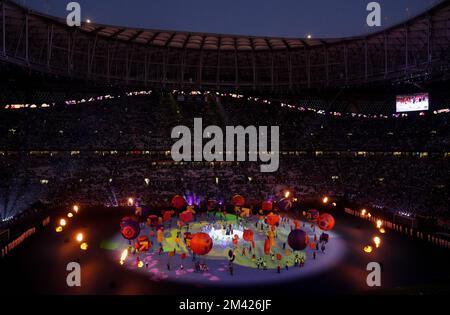 Performers during the closing ceremony prior to the FIFA World Cup ...