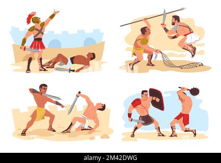 Ancient roman gladiators. People in armor. Warriors with different weapons. Helmets and shields ...